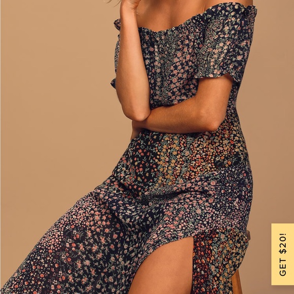 Lulus | Dresses | Neva Navy Blue Floral Print Offshoulder Maxi Dress ...